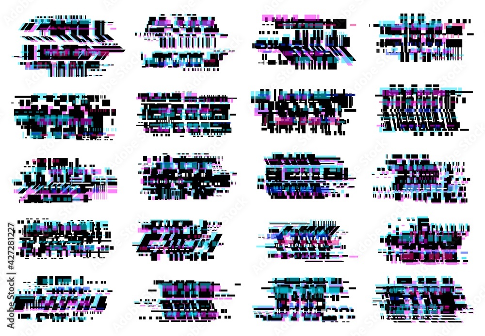 Glitch effect vector icons, abstract glitched distortion with colored ...