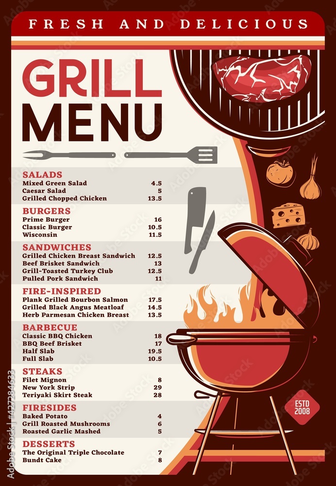 Vetor do Stock: Grill menu with bbq food vector template. Barbecue meat ...