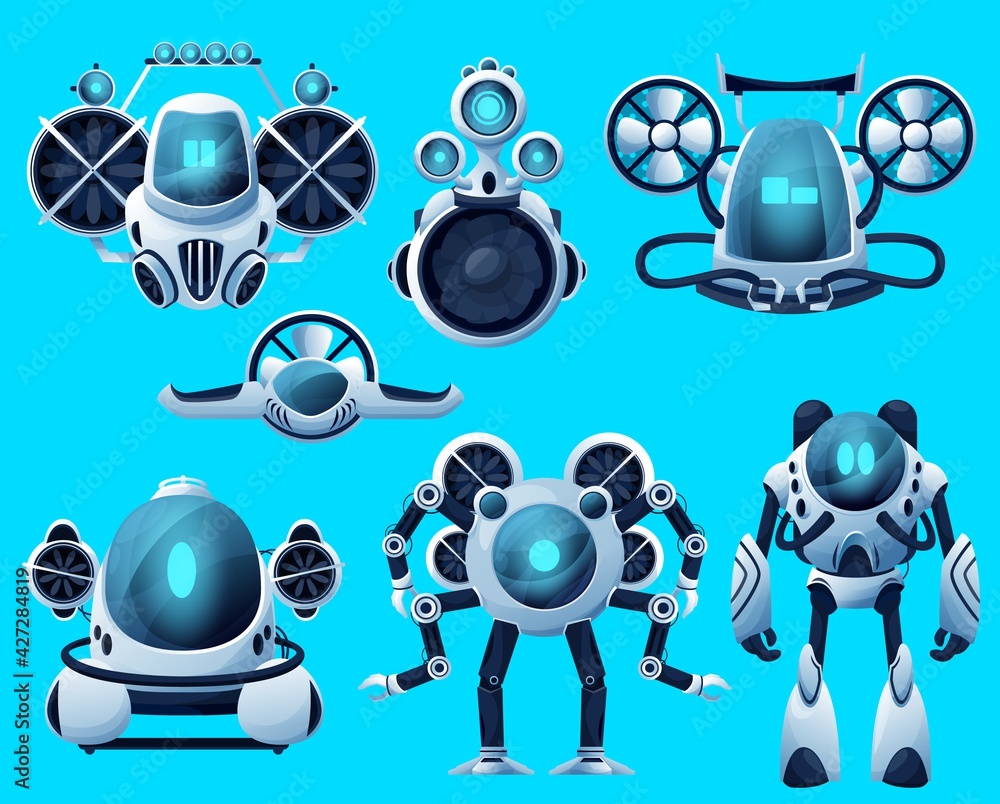 Underwater robots, cartoon submarine sea drone, ocean ROV deep water ...