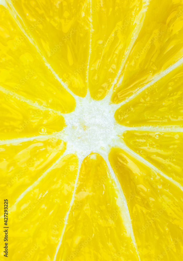 Close up photo of lemon texture background. Fruit cut in half, inside ...
