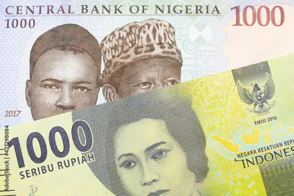 A macro image of a blue, purple and green one thousand naira note from ...