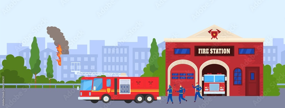 City building, fire station, emergency fire truck, vehicle safety ...