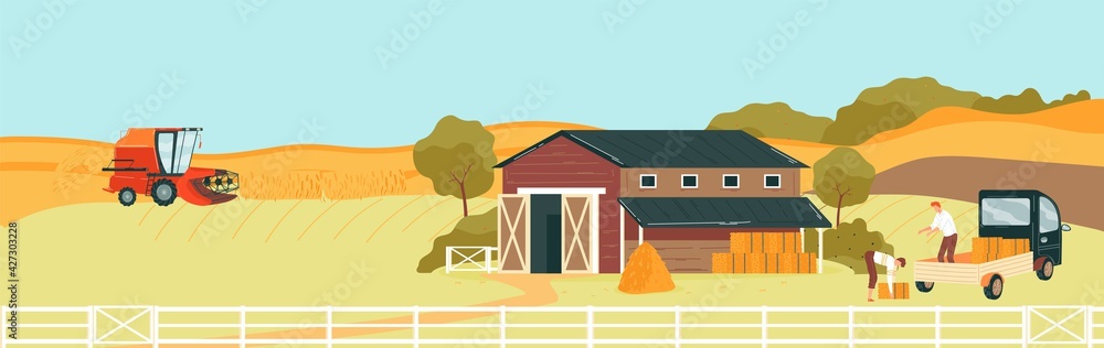 Farm agriculture landscape, nature field, men work, unloading car ...