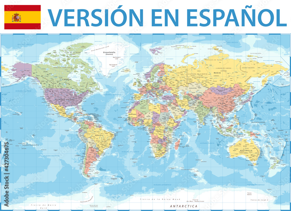 World Map Color Political - Spanish Language Version - Vector Detailed ...