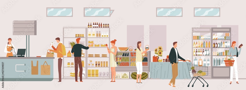 People queue shop, cashier business sale, grocery supermarket, shopping ...