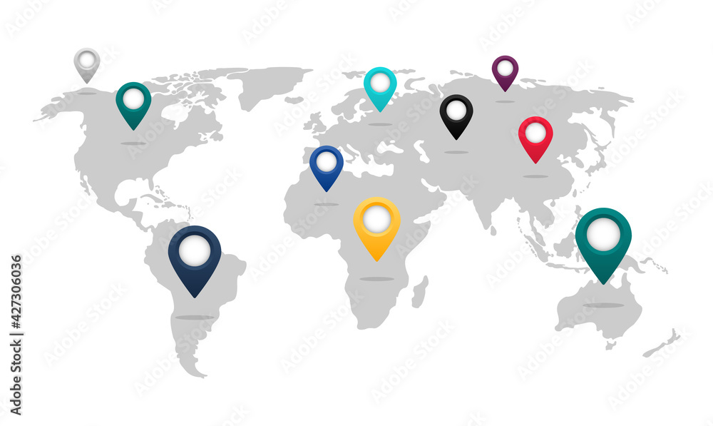 World map with colored markers. Collection of map pointers with world map. Map with pointer ...
