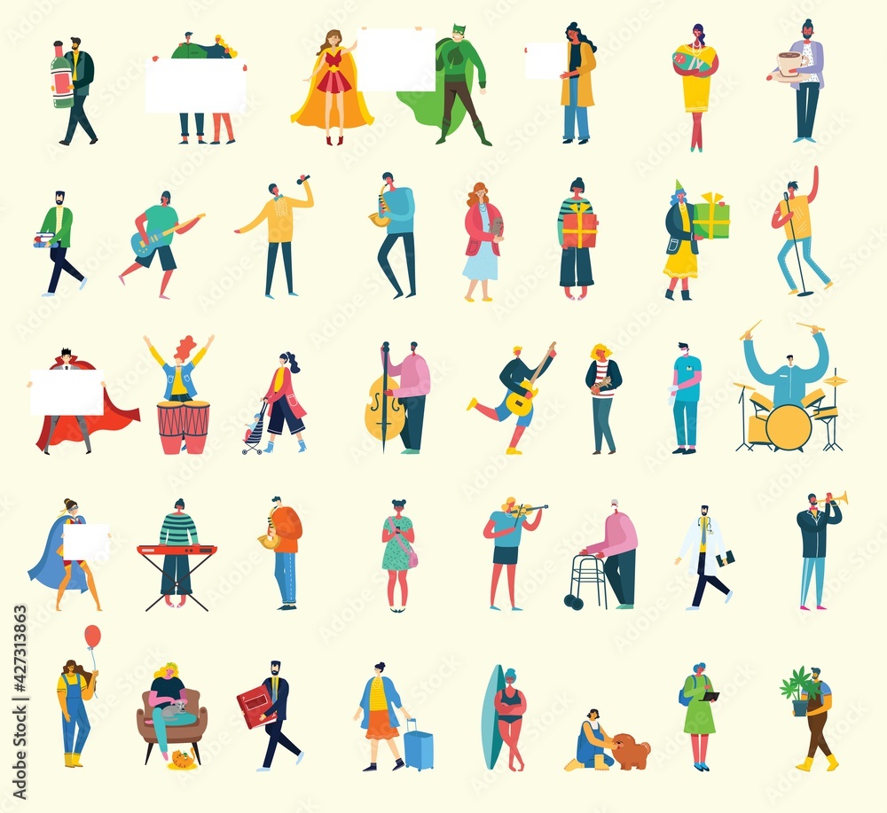 Set of people, men and women with different signs. Vector graphic ...