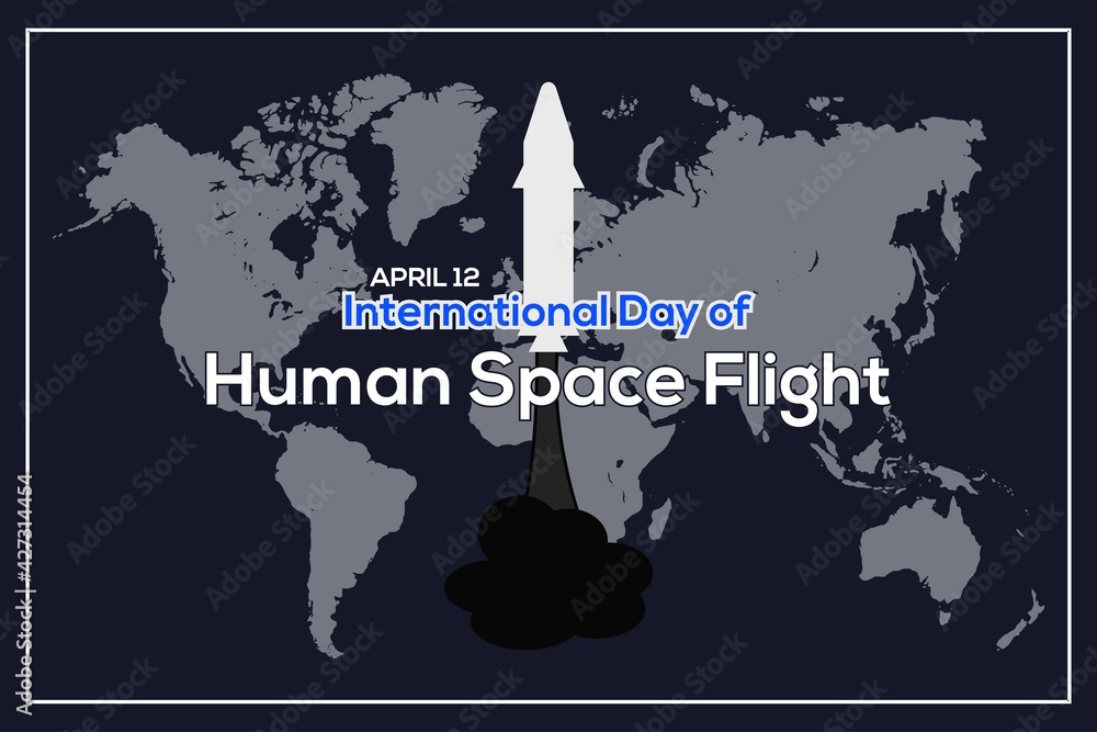 International Day of Human Space Flight vector. Map and spaceship icon ...
