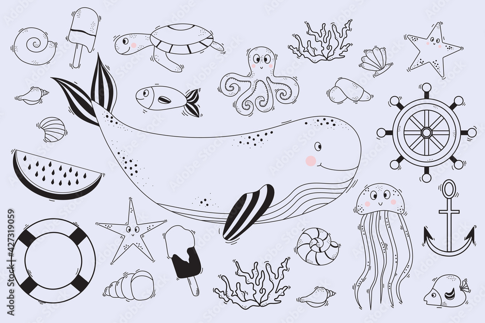 Large set of linear marine life. Underwater inhabitants - whale and ...