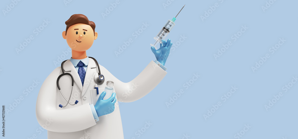 3d render. Doctor cartoon character holding syringe with vaccine ...