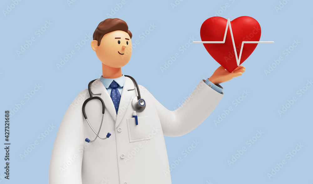 3d render. Cardiologist cartoon character shows red heart symbol. Clip ...
