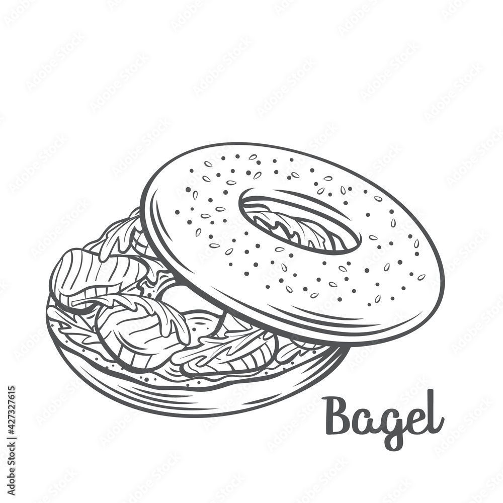Bagel with cream cheese and smoked salmon. Drawn traditional sandwich ...