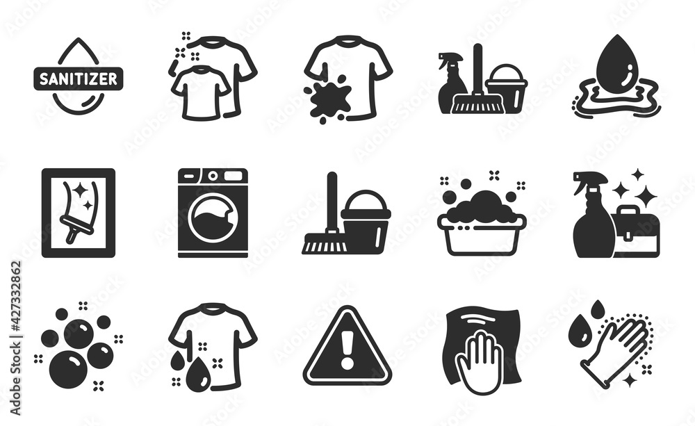 Water splash, Washing hands and Wash t-shirt icons simple set. Bucket ...