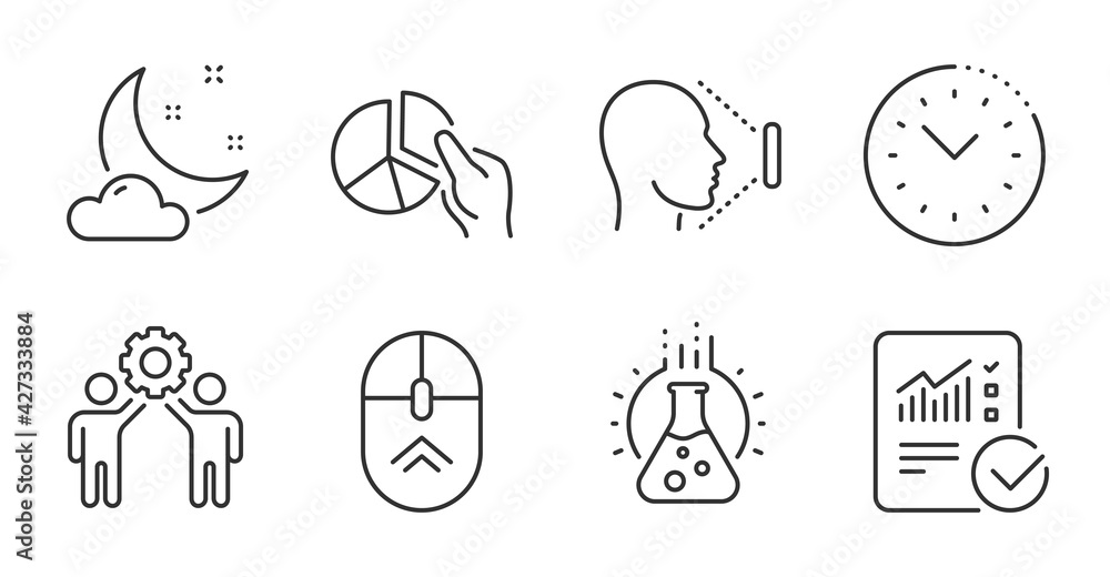Vecteur Stock Pie chart, Chemistry lab and Night weather line icons set. Employees teamwork ...