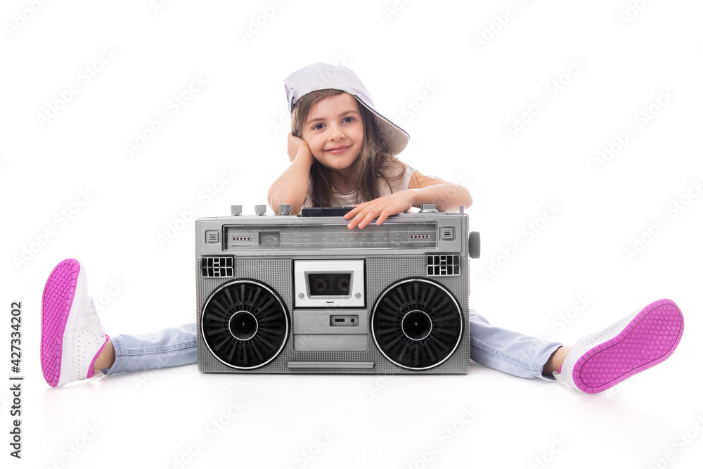Young hip hop girl listening music on boombox retro radio, ghetto ...