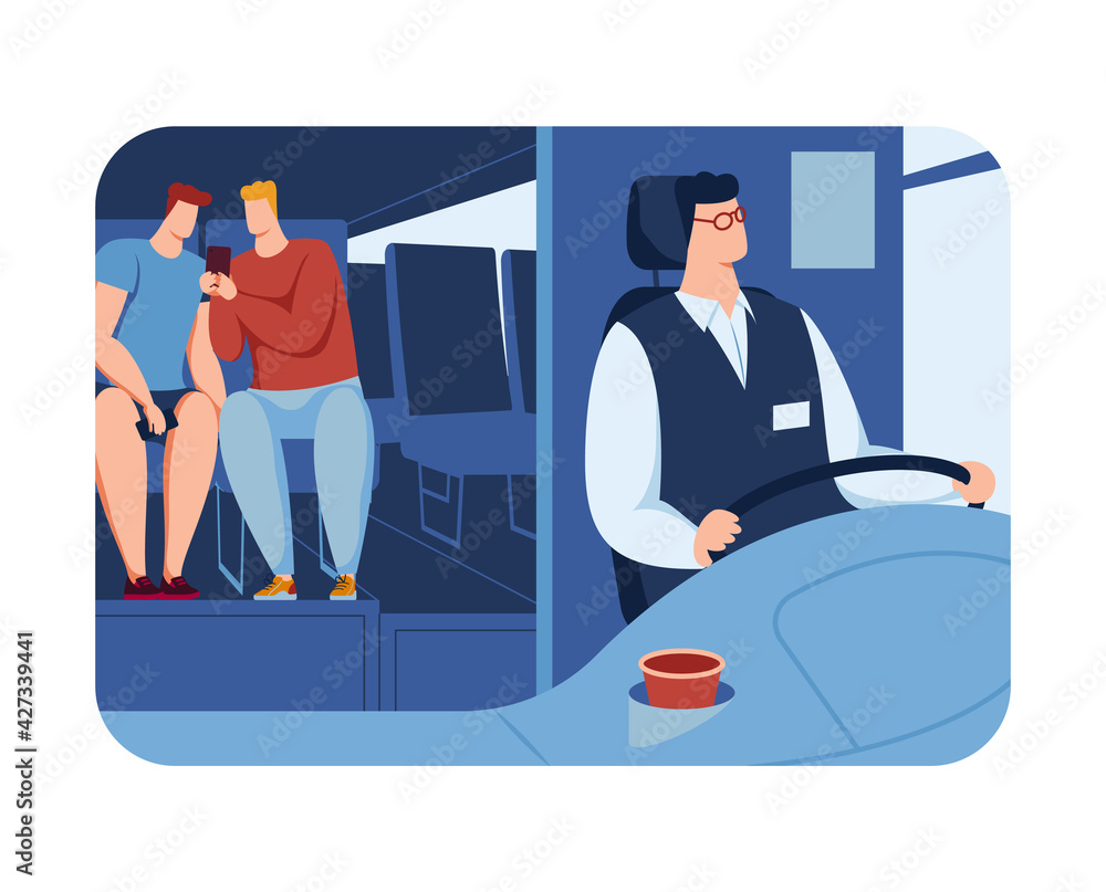 View inside bus, professional driver is carrying passengers, people ...