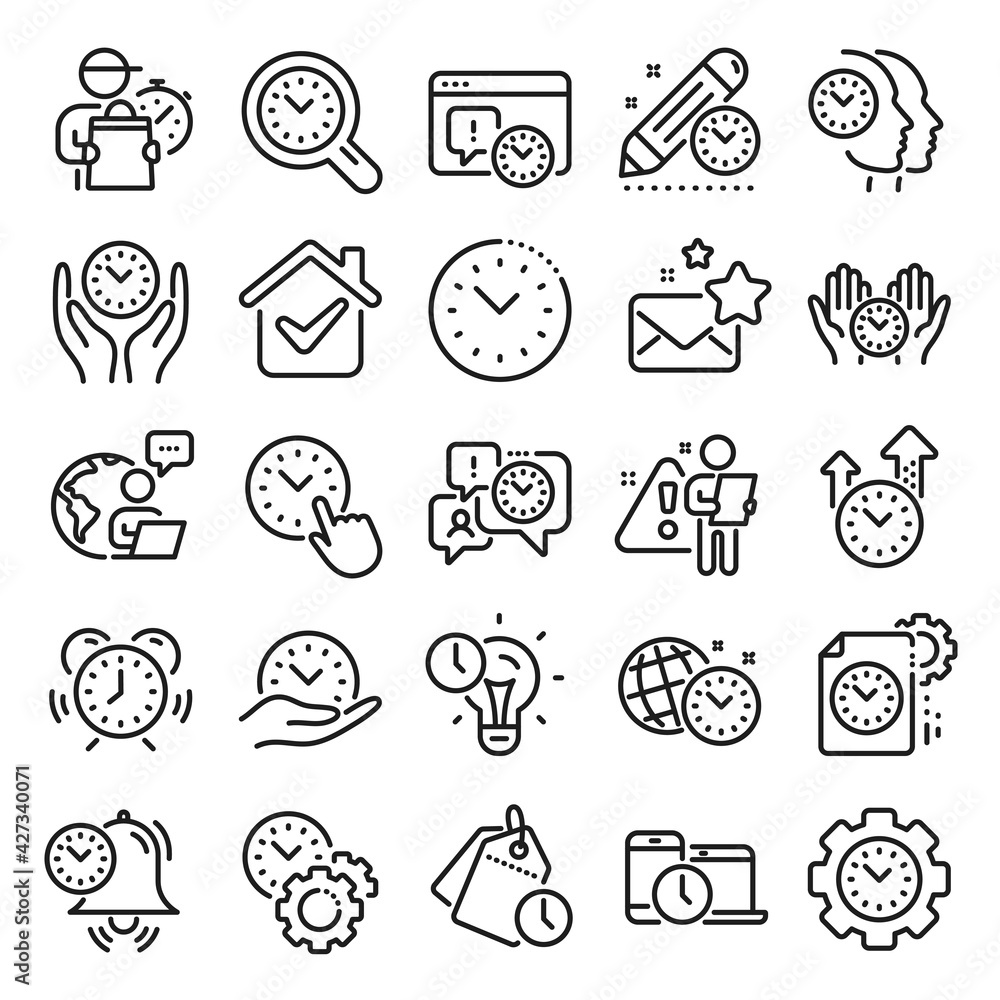 Time management line icons. Alarm clock, timer plan and project ...