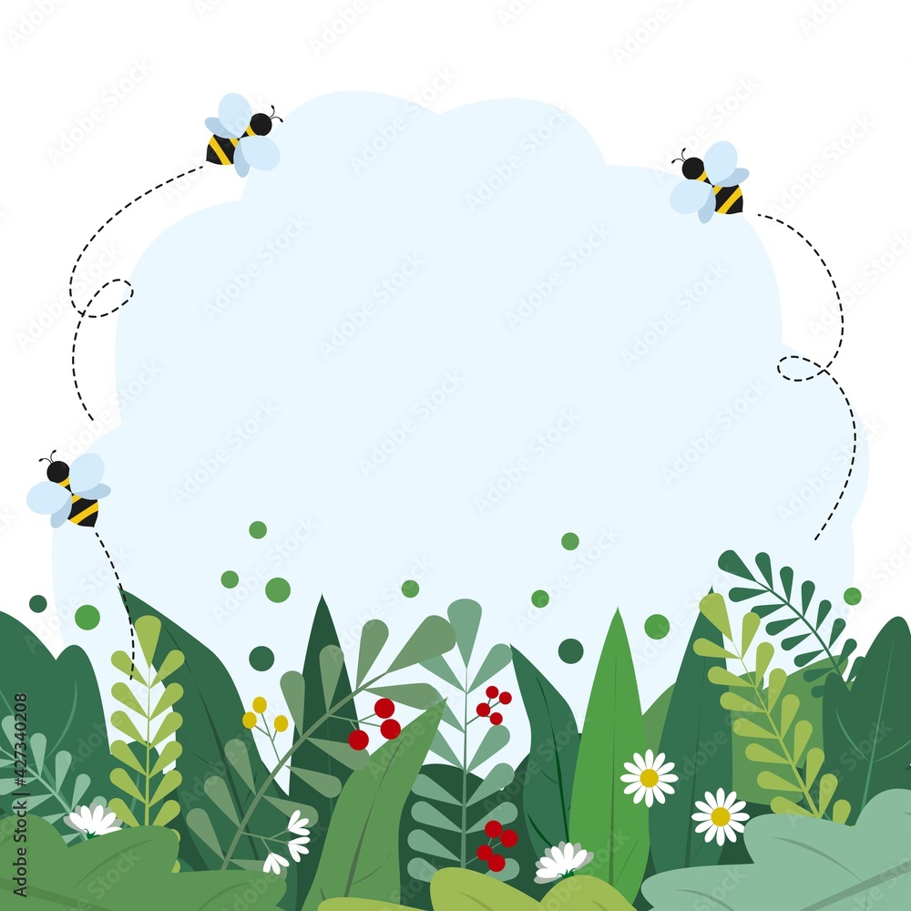 Spring flat background with flowers, leaves and flying bees, Cartoon ...