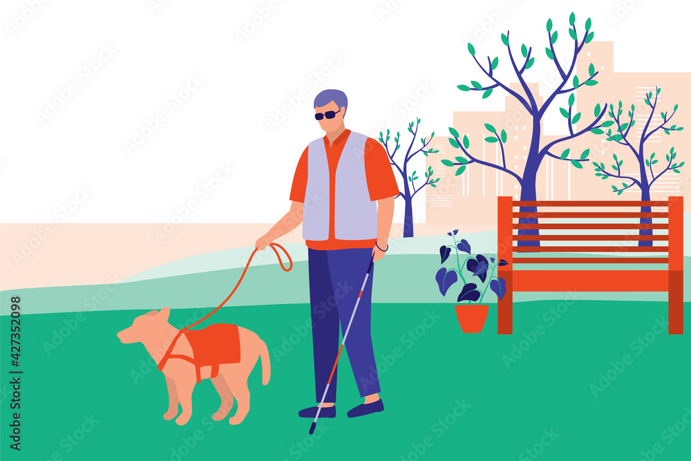 Vetor De Old Blind Man With White Cane And Guide Dog Walking In The vetor-de-old-blind-man-with-white-cane-and-guide-dog-walking-in-the