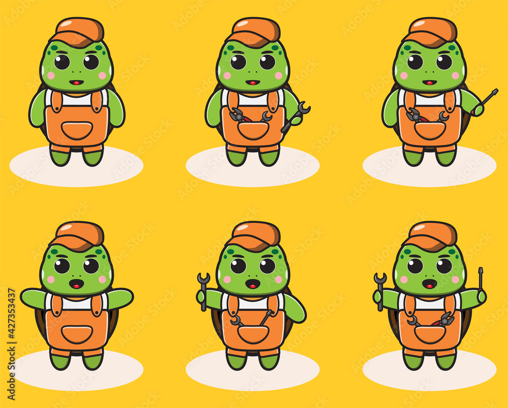 Vector illustration of cute Little Turtle Mechanic cartoon set. Good ...