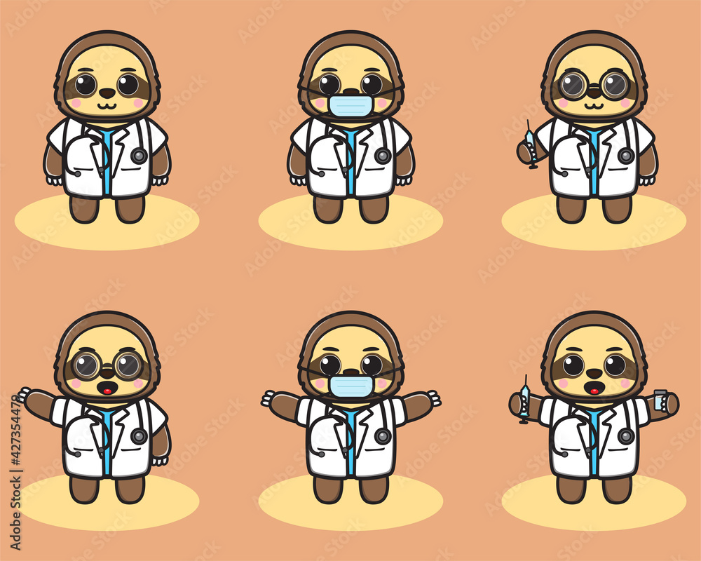 Vector illustration of cute Little Sloth Doctor cartoon set. Good for ...