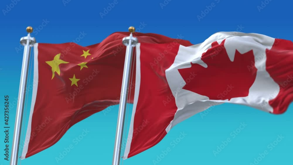 Vidéo Stock 4k Seamless Canada and China Flags with blue sky background ...