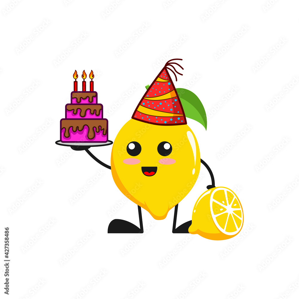 vector illustration of cute lemon fruit birthday or character holding ...