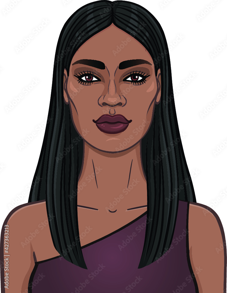 Animation portrait of the young beautiful African woman with long black ...