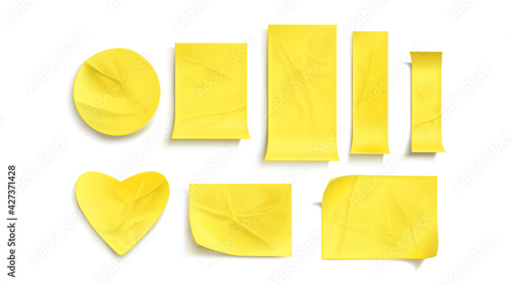 Yellow paper stickers, crumpled sticky notes. Vector realistic set of ...