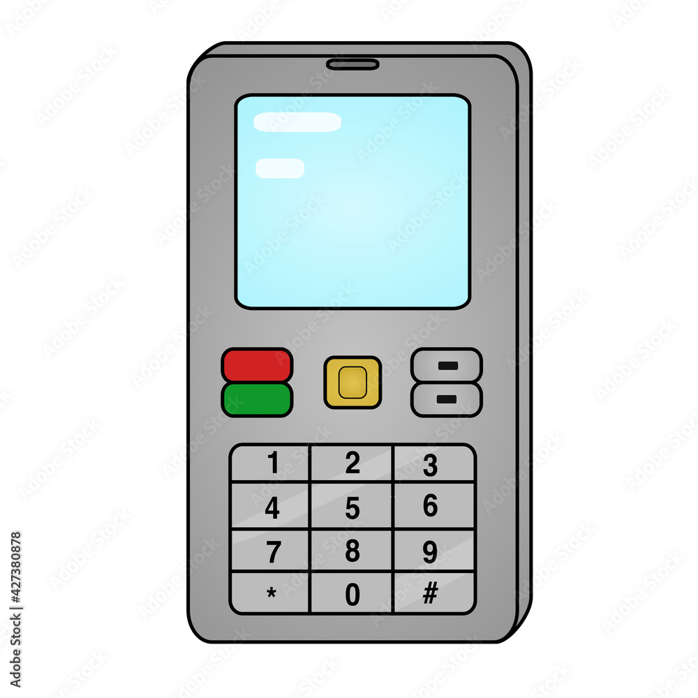 The old-style push-button phone from the front side. Device has a ...