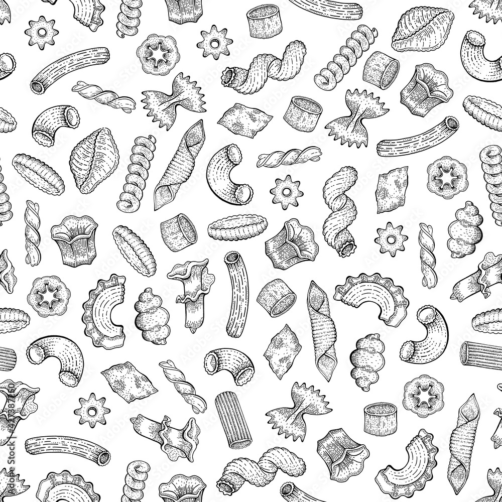 Pasta Pattern. Italian vector food seamless background. Macaroni sketch ...