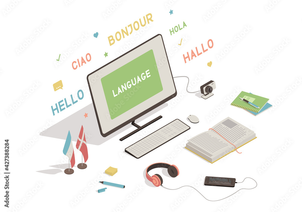 Isometric workspace with computer, book, headphones on white background ...