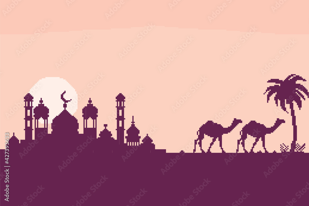 Pixel art with the theme of the month of Ramadan, Muslim traditions ...