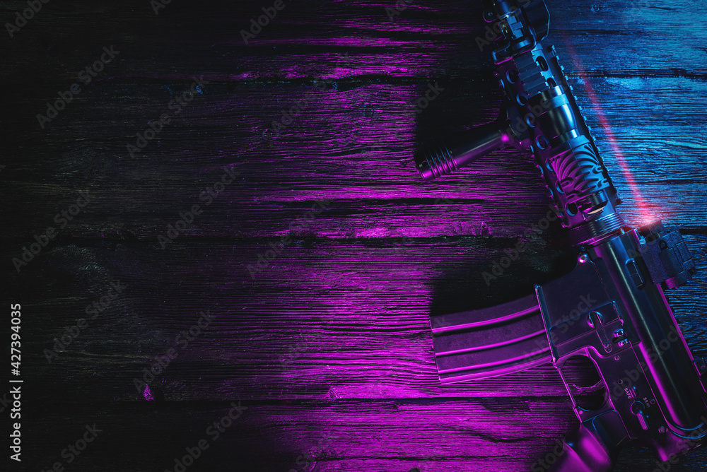 Rifle on the flat lay table background with copy space. Stock Photo ...