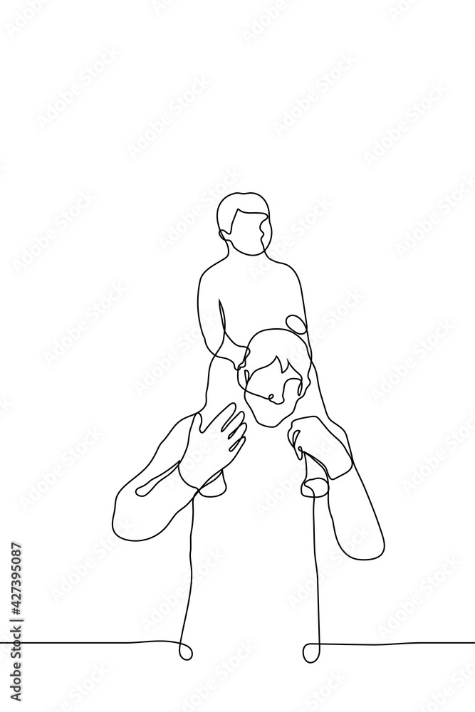 man with a child sitting on his neck - one line drawing. father carries ...