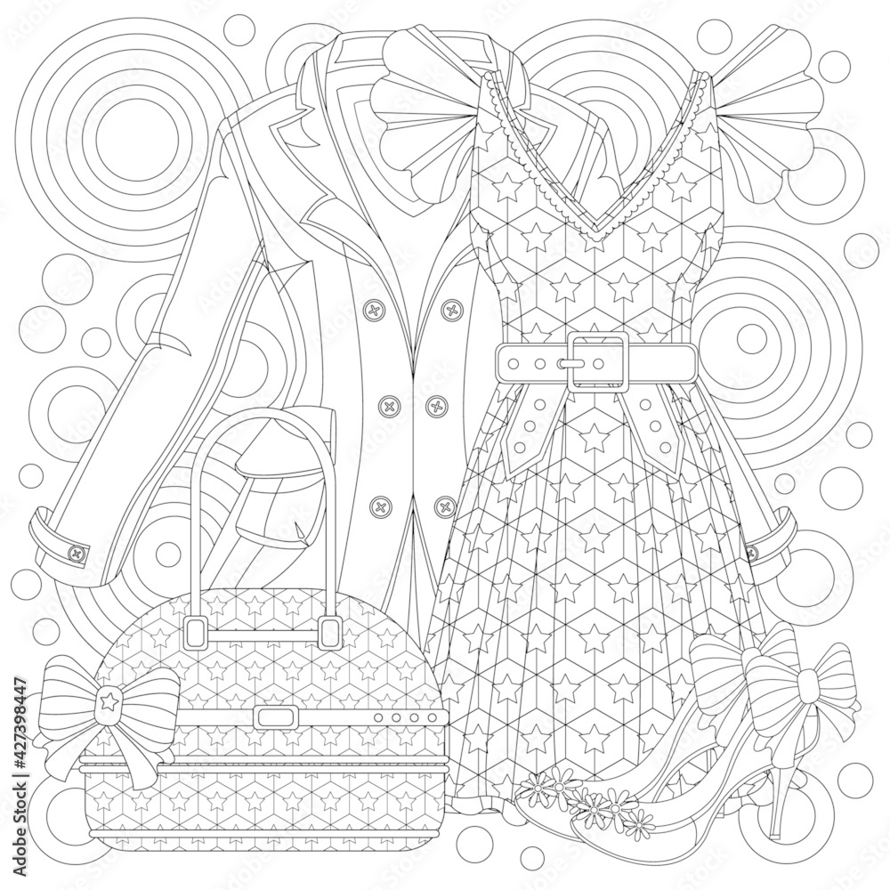 Fashion illustration with coat, evening dress, high heels and handbag ...