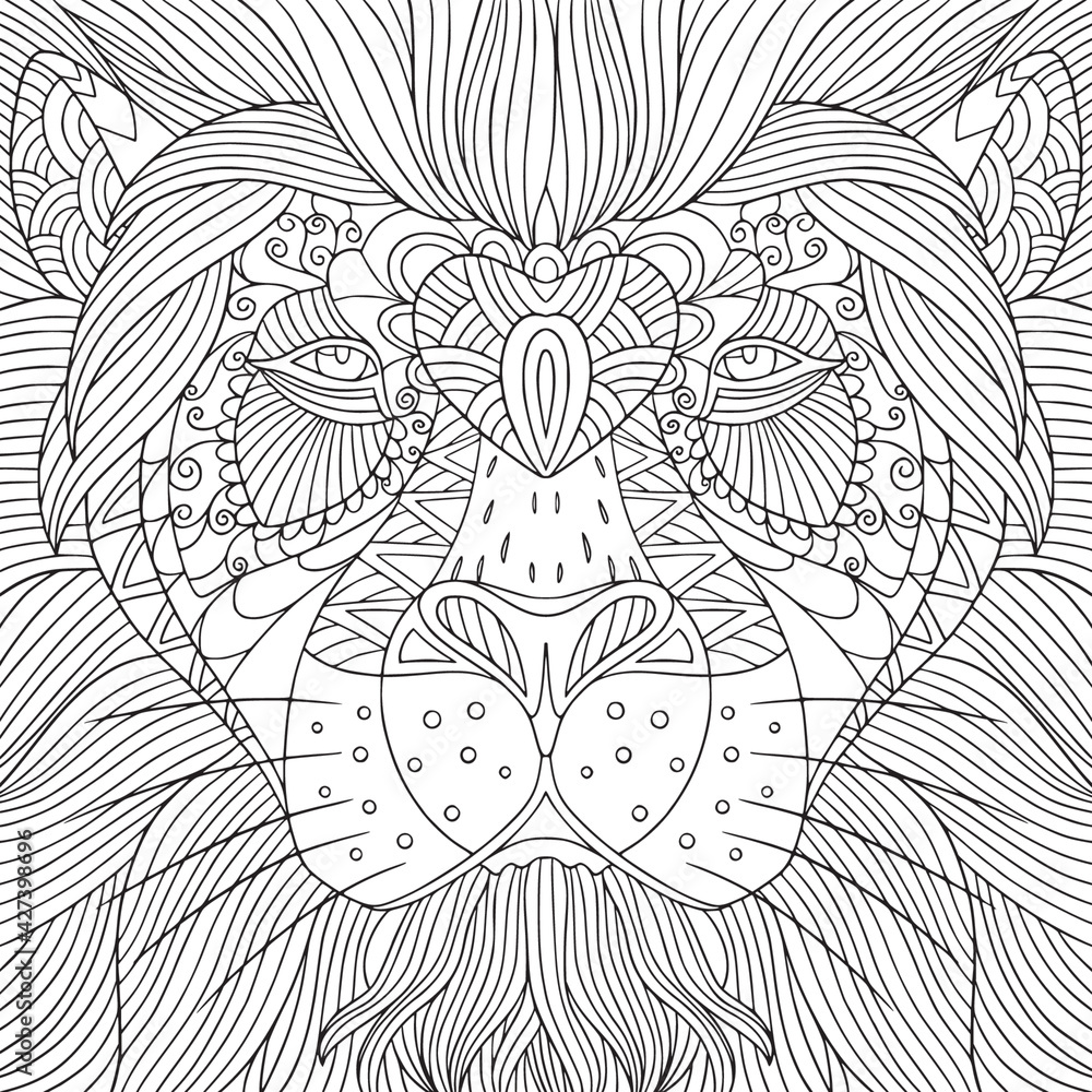 Lion head coloring book page for adult. Vector illustration with doodle ...