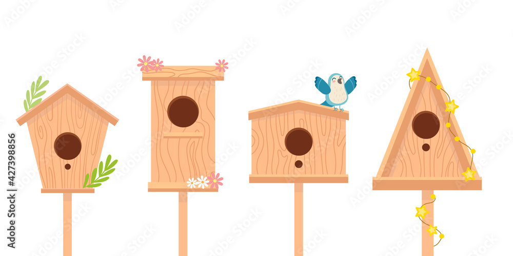 Set of wooden birdhouses vector clip art. Isolated illustration of home ...