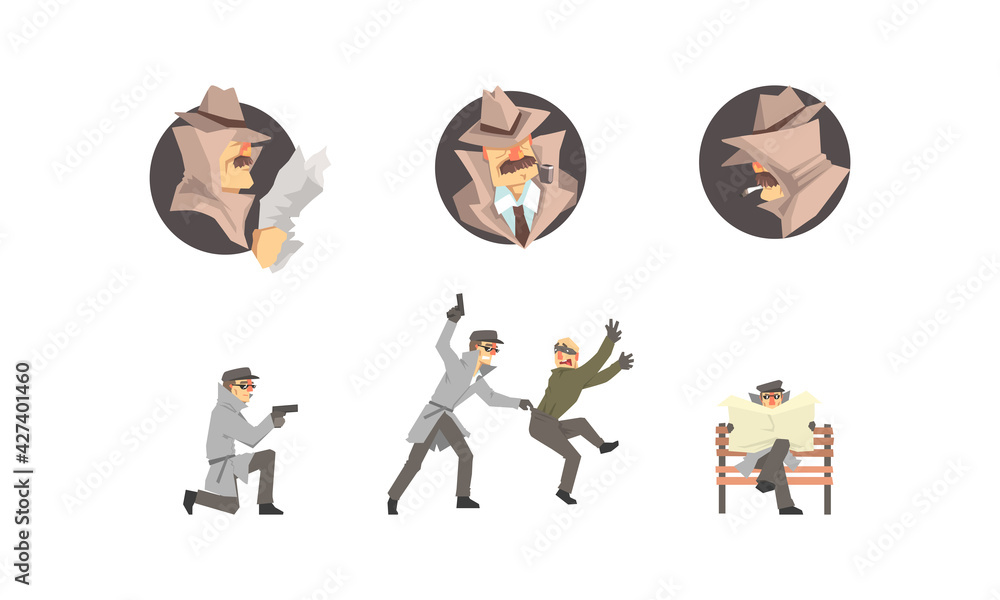 Private Detective Characters at Work Set. Police Inspector ...