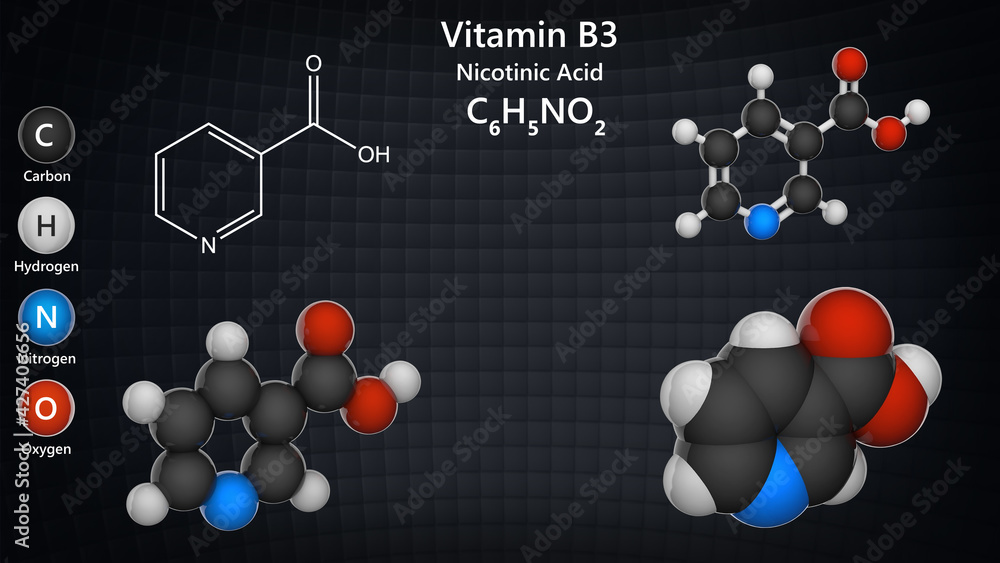 Vitamin B3(Nicotinamide). Also known as nicotinic acid. 3D illustration ...