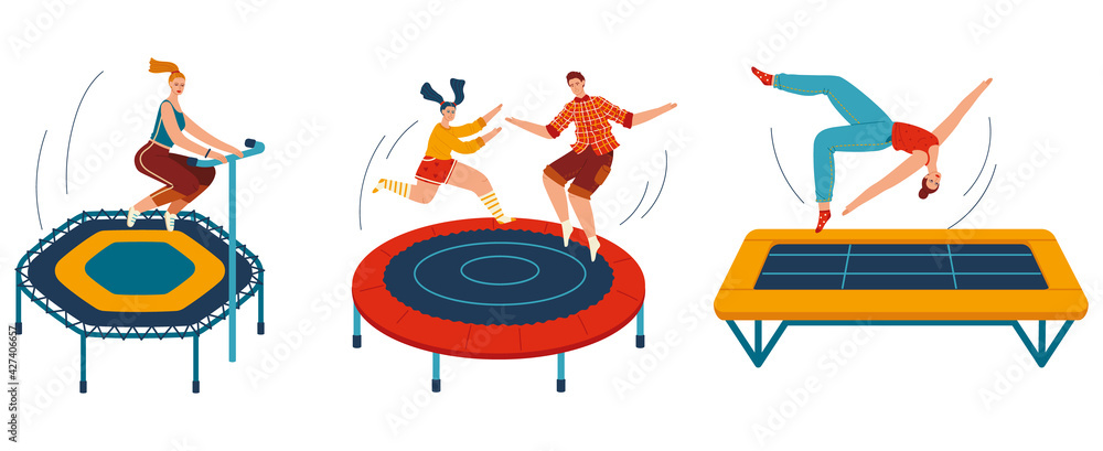 Vetor de People jumping trampolines set of isolated vector illustration ...