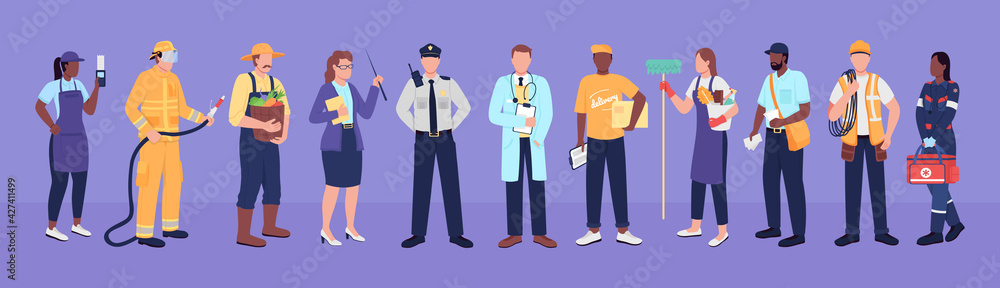 Key workers flat color vector faceless characters. Work staff. Diverse ...