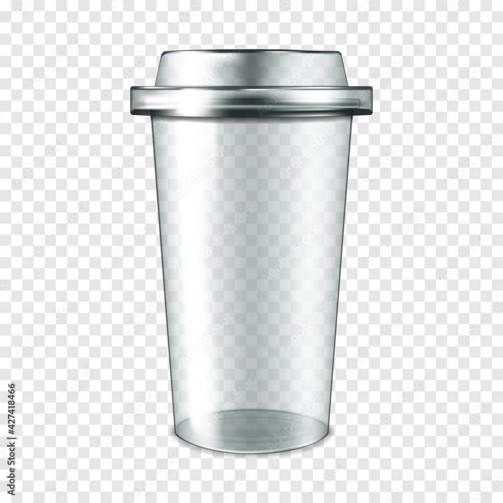 Clear empty plastic cup with lid on transparent background, realistic mockup. To go beverage mug ...