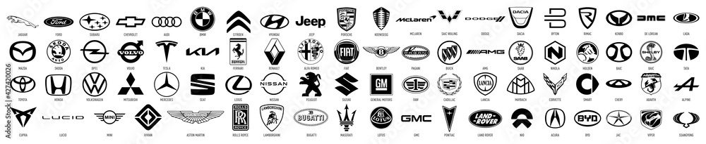 Big Set of popular logos of cars brands: Audi, Toyota, Jeep, Tesla ...