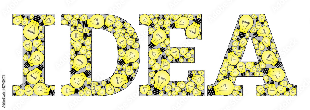 Idea text letters filled with lightbulbs vector graphic. Type design ...