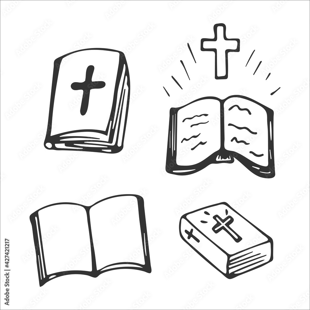 Hand-drawn Bible set isolated on white background. Christian symbols ...