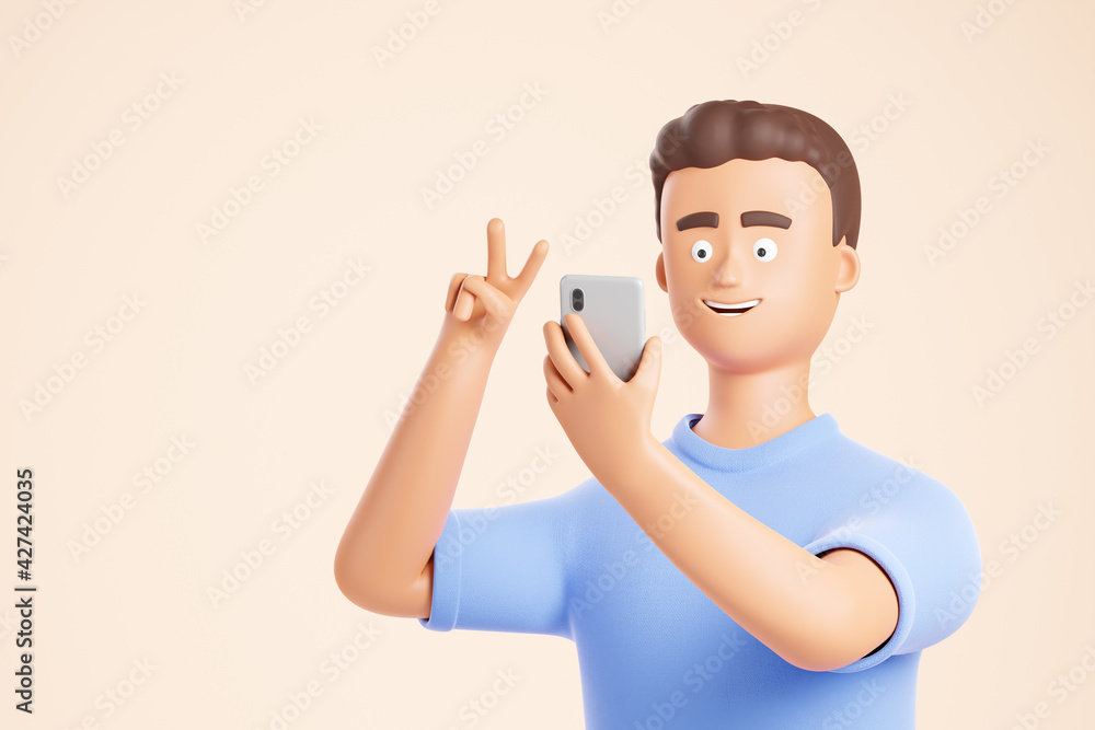 Happy cartoon character man make video call or selfie by smartphone and ...