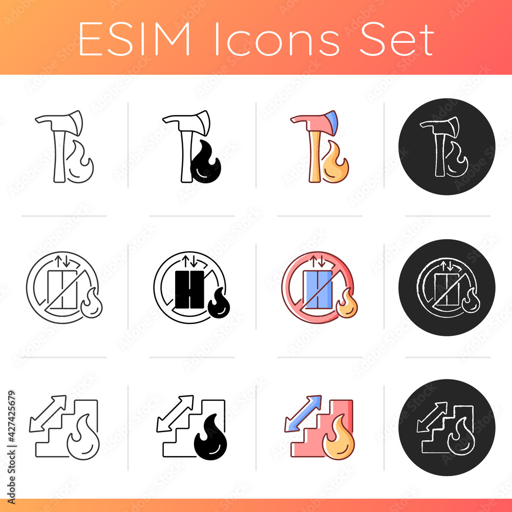 Firefighting icons set. Pulaski axe. Do not use elevater during fire ...