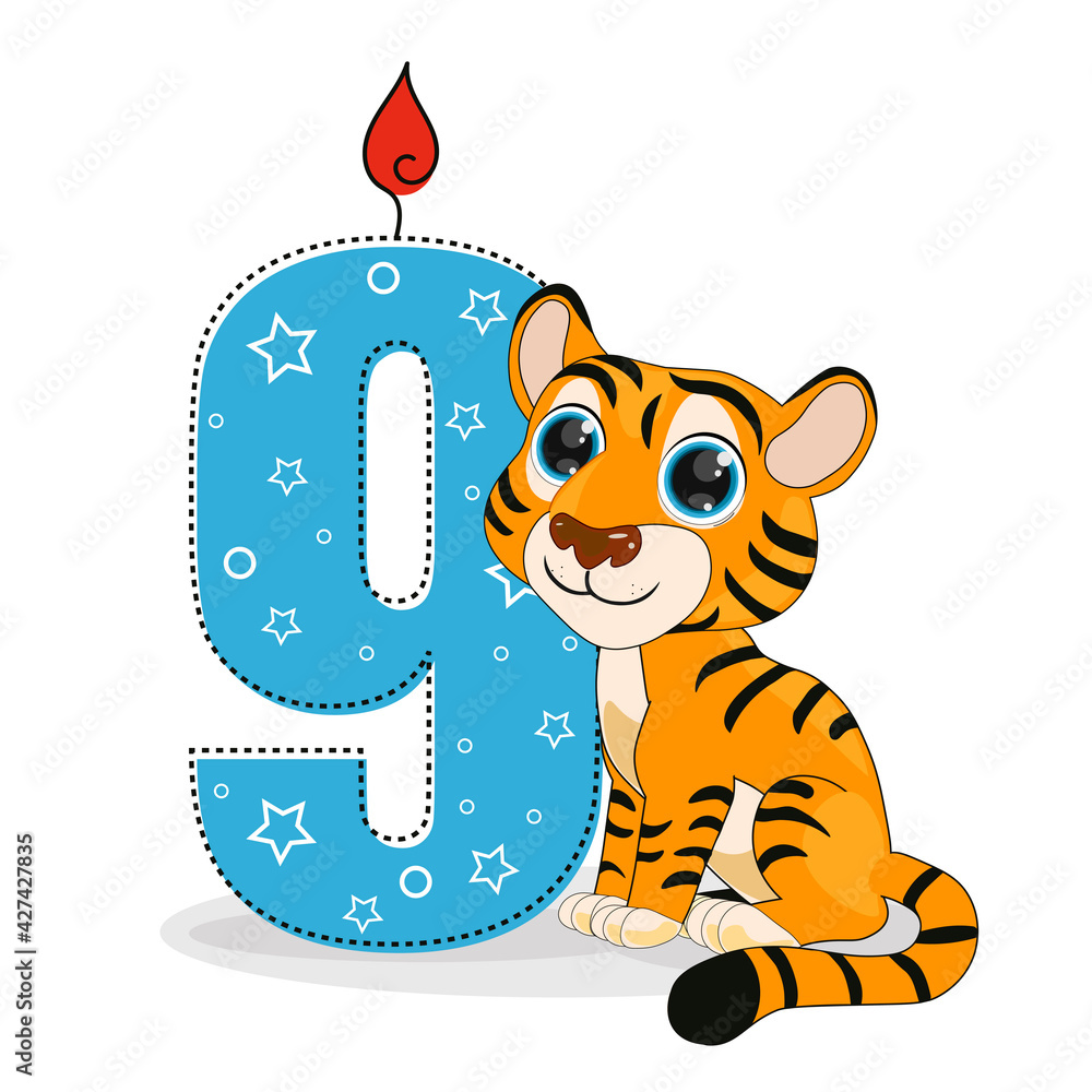 Cute cartoon tiger with number nine vector illustration. Perfect for ...