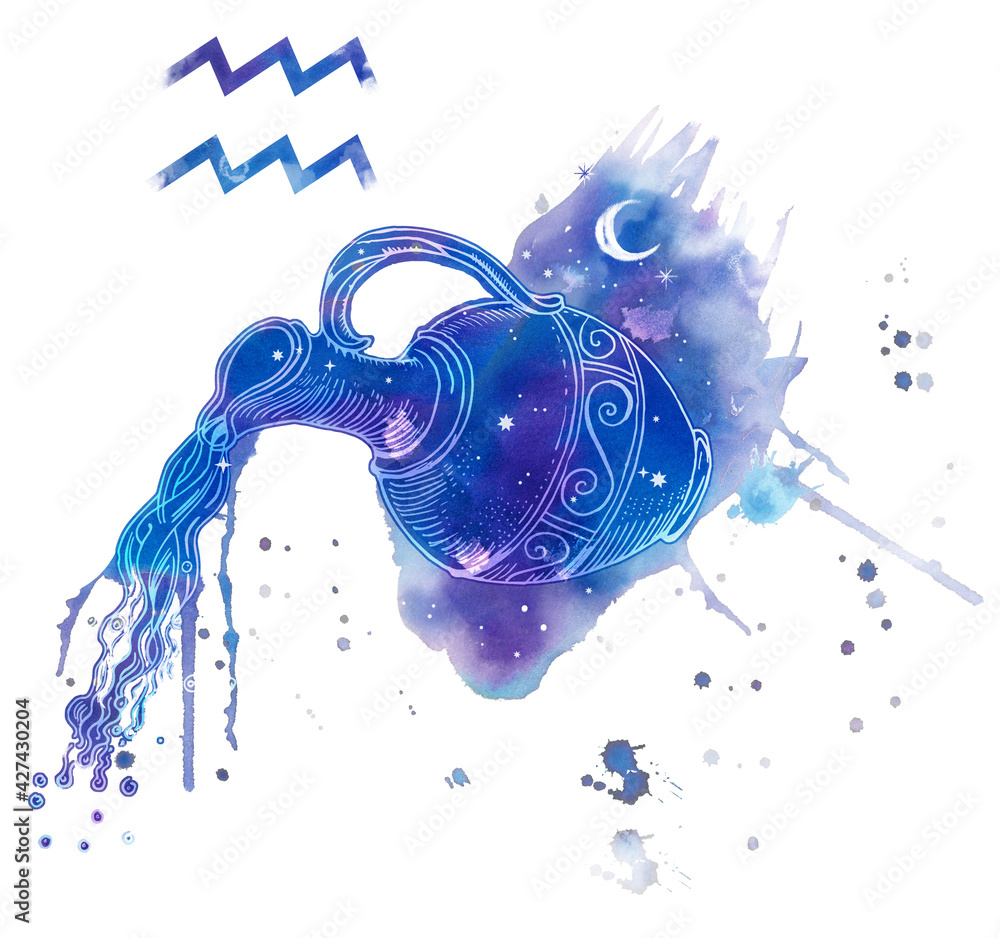 Aquarius symbol. Pouring water antique jar on sky blue watercolor ...